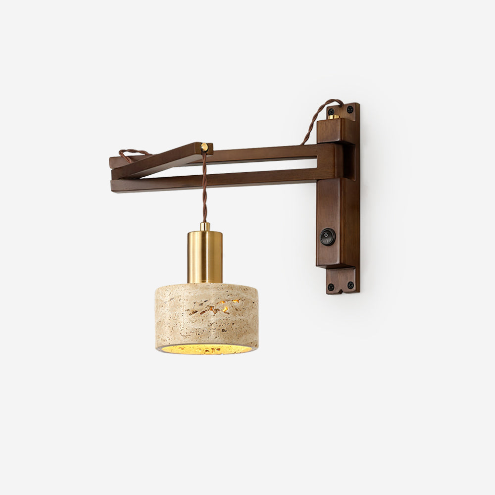Travertine Cylinder Shade Wall Lamp With Wood And Metal Body – Oak & Halo
